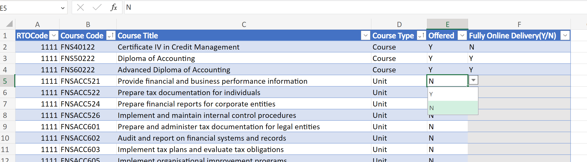 Excel document with rows indicating courses and drop down list for ...